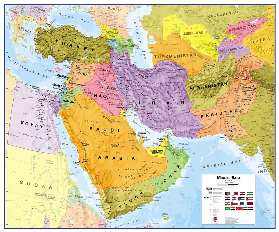 Wandkaart Middle East - Midden Oosten, 120 x 100 cm | Maps ...